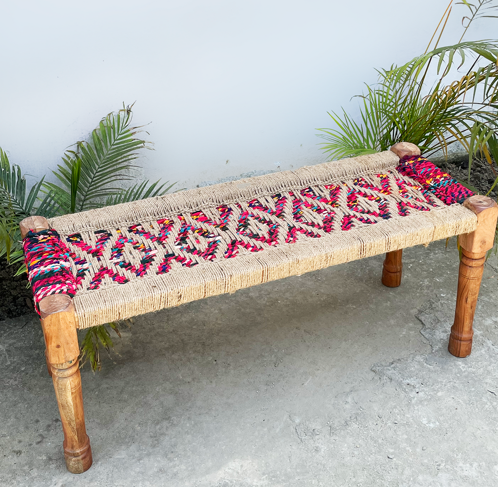Handcrafted Rainbow Jute & Textile Wooden Bench